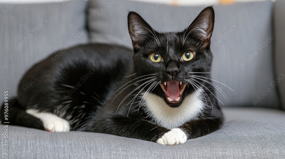 A black and white cat relaxes on a gray couch, excitedly vocalizing ...