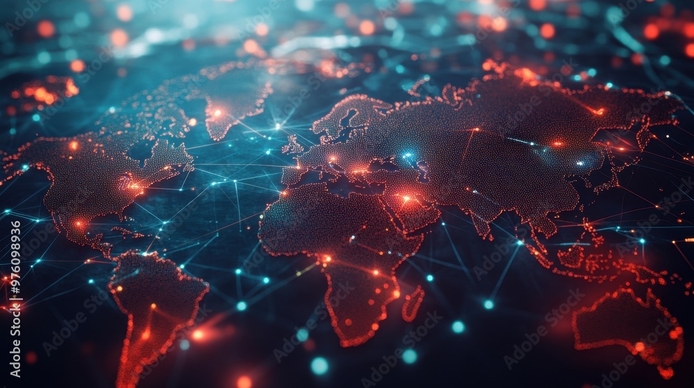 Global logistics network map with illuminated routes and nodes ...