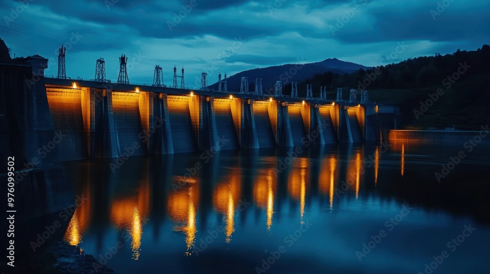 Hydropower plant at night with illuminated turbines and reflections on ...