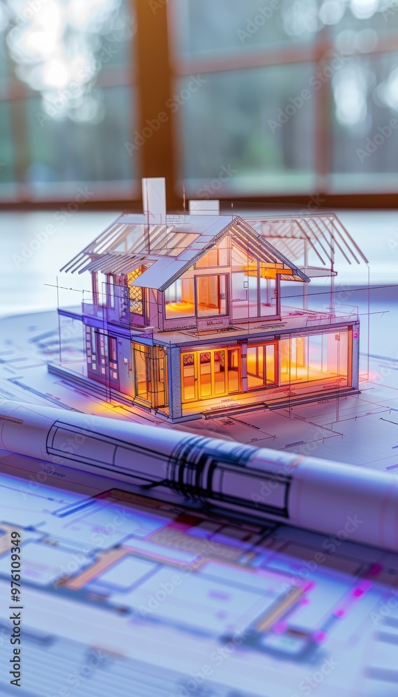 Architectural Blueprint with 3D Home Model and Underfloor Heating ...