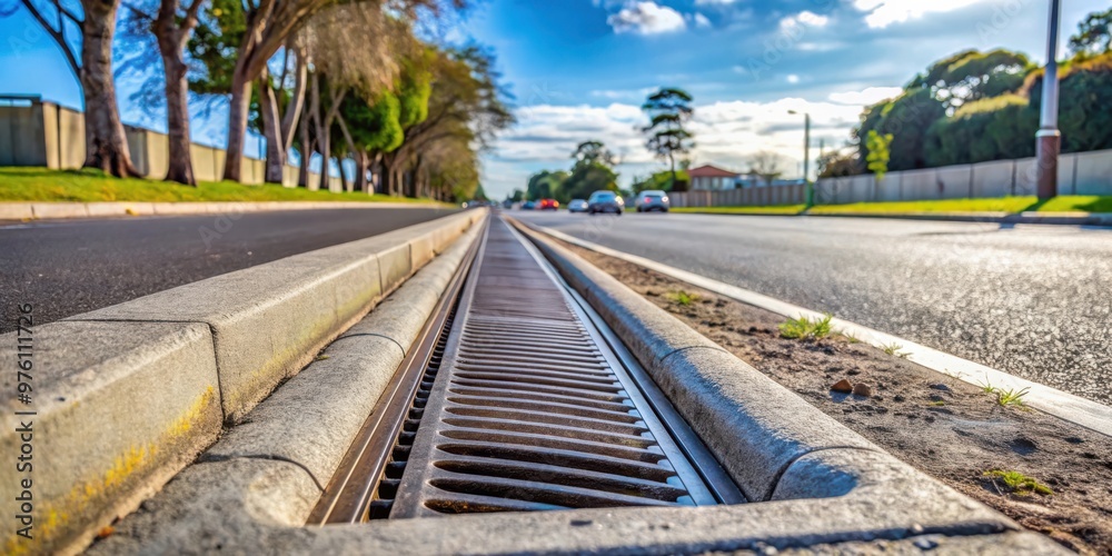 Perspective view of stormwater drainage gutter on the side of a road in ...
