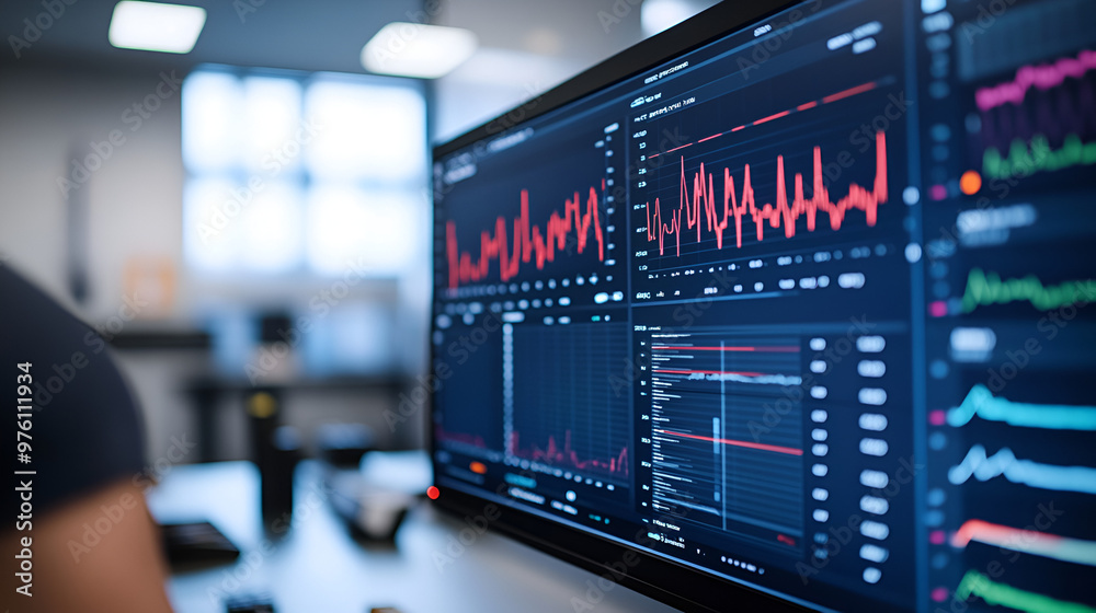 High-tech sports lab with a focus on a large monitor displaying real ...