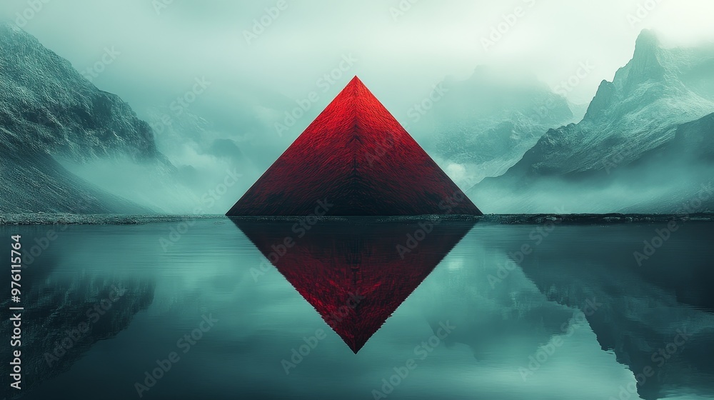 Dark surreal mountains reflected on water with ruby pyramid, tundra ...