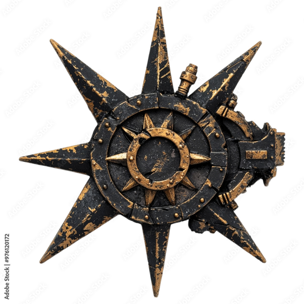 Rustic star-shaped gear with mechanical details on a transparent ...