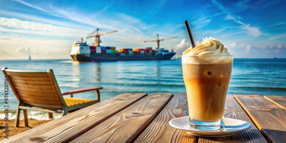 Iced coffee frappe served in a tall glass on a beach bar table with a ...