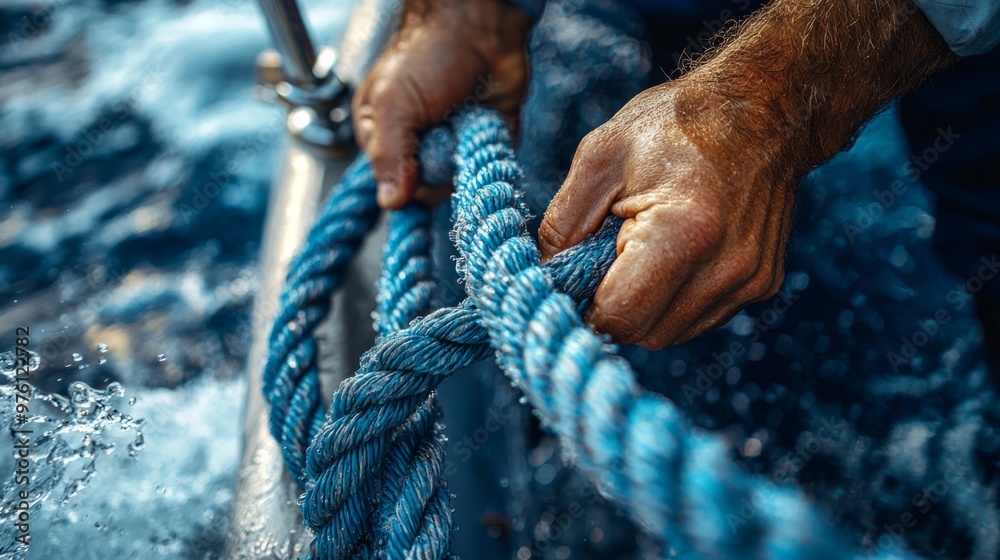 Detail of hands cleating off superyacht mooring lines on the foredeck ...