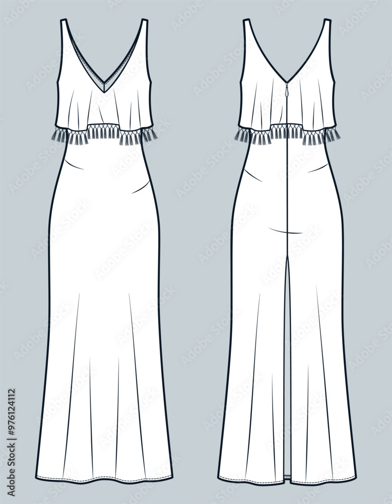 Long Bias Dress technical fashion illustration. Tassel trim Dress ...