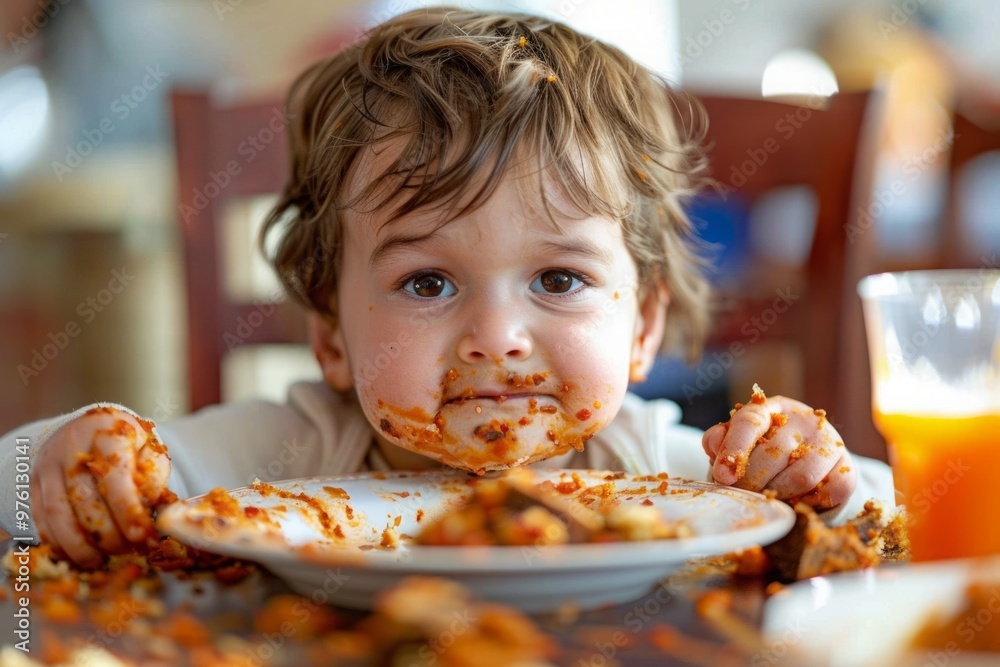 A messy child develops a system for keeping their eating area clean and ...