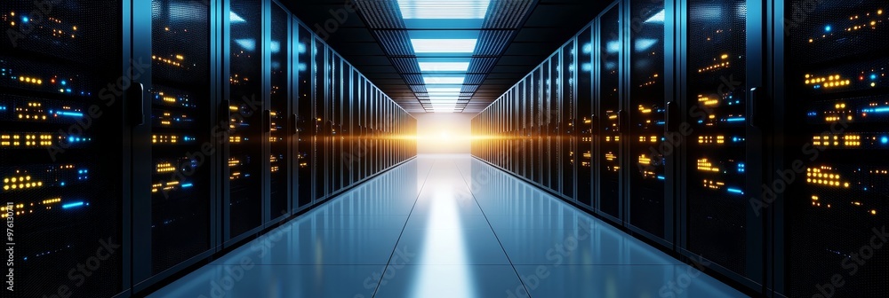 A 3D illustration depicting a futuristic data center, showcasing rows ...