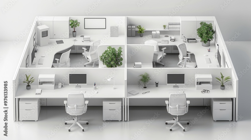 3D isometric view of neatly arranged office cubicles. Top view of white ...