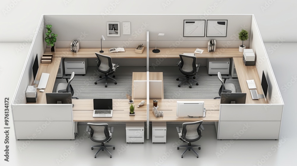 3D isometric view of neatly arranged office cubicles. Top view of white ...