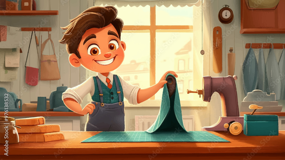Happy Tailor At Work Cartoon Illustration For Childrens Book Joyful ...