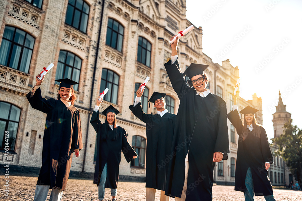 Happy future, motivation. Graduation celebration. Group of happy ...