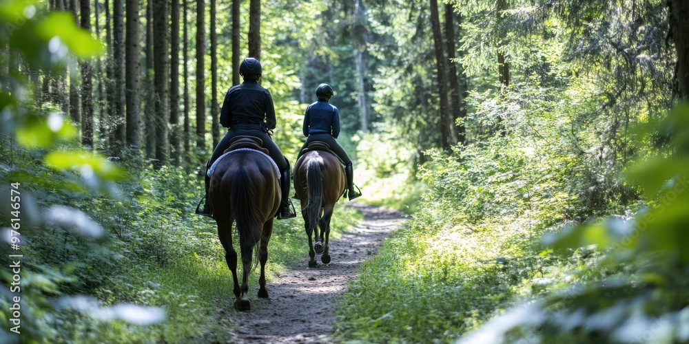 Two people in helmets ride horseback along a lush green forest path ...
