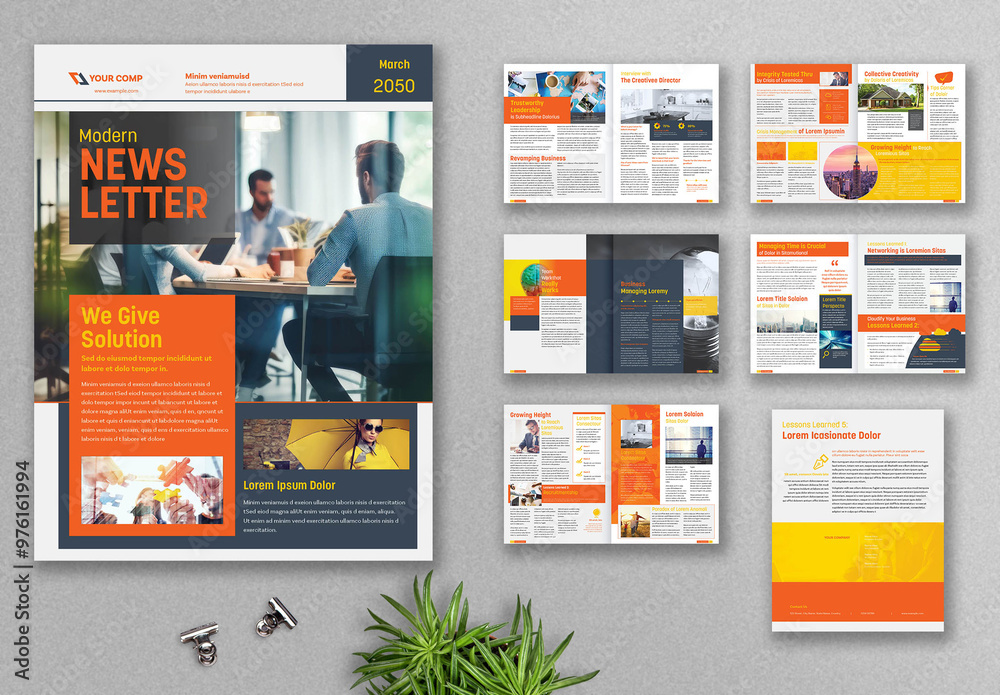 Newsletter Layout with Orange Accents Stock Template | Adobe Stock