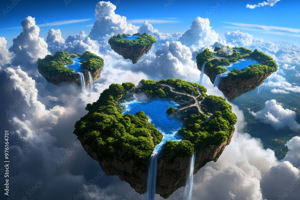 Magical Floating Islands illustrated in a sky-bound fantasy, with ...