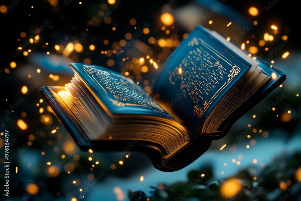 Magical Floating Library represented in a dream-like scene, with books ...