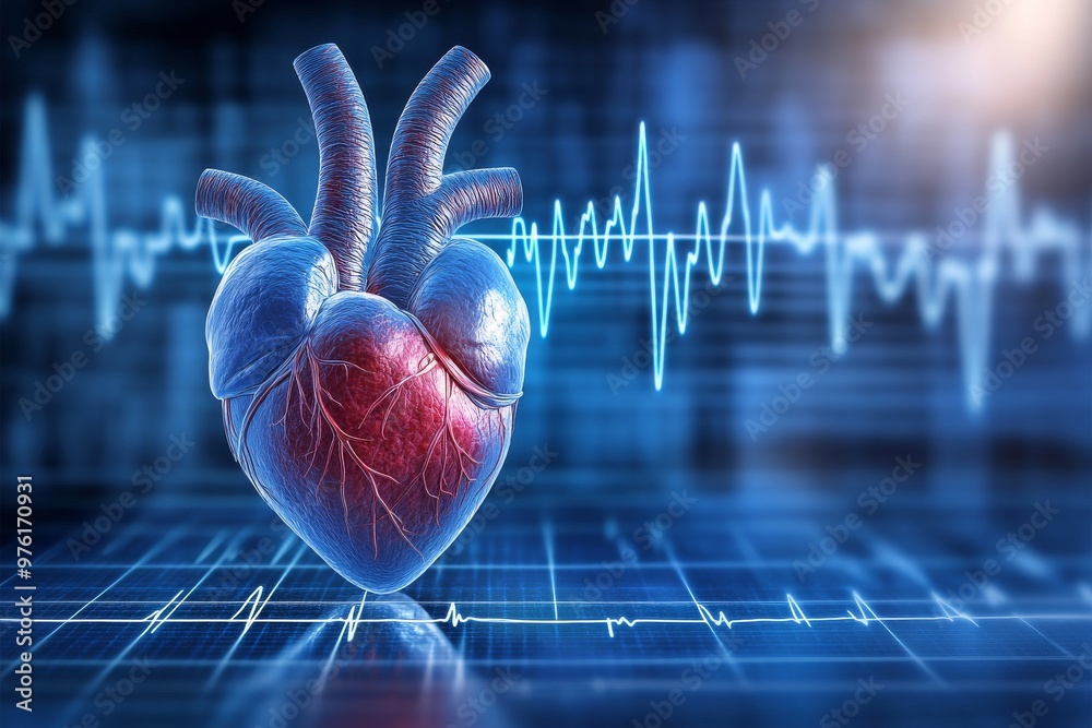 3D digital heart with heartbeat data overlay in a futuristic medical ...