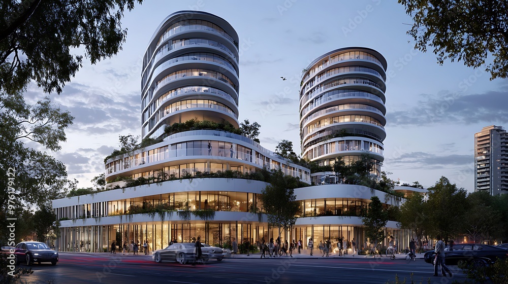 Two modern, white, high-rise buildings with a glass facade, and a ...