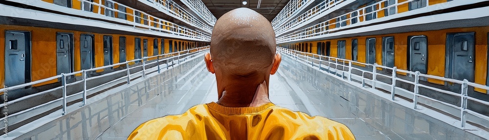 Watercolor of a prisoner gazing at a mural on the prison wall, the ...