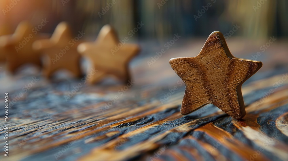 wooden stars in a row symbolizing customer satisfaction rating system ...