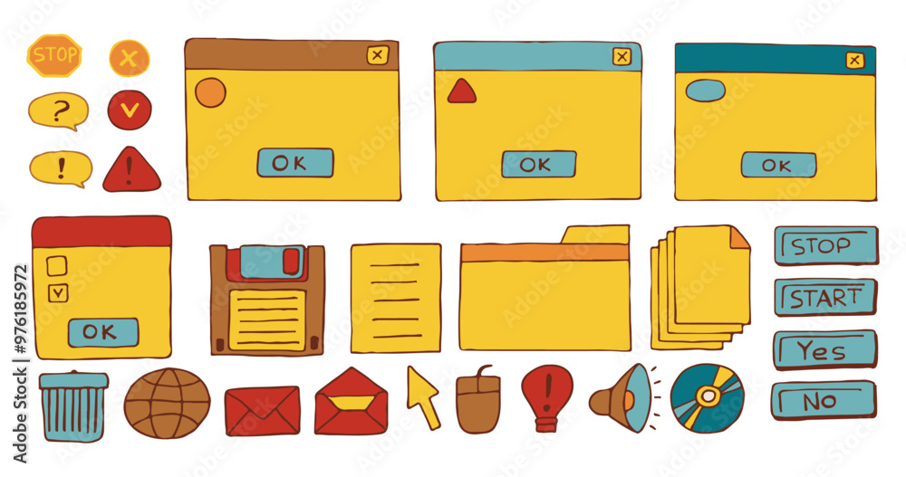 Retro pc elements, user interface, operating system, windows, icons in ...