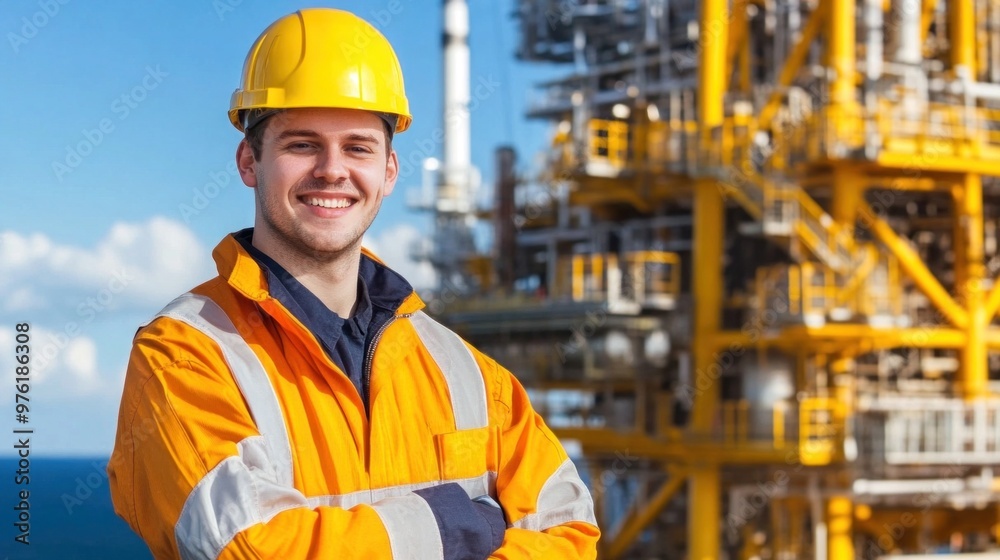 Wearing a safety helmet and bright orange uniform, a young worker ...