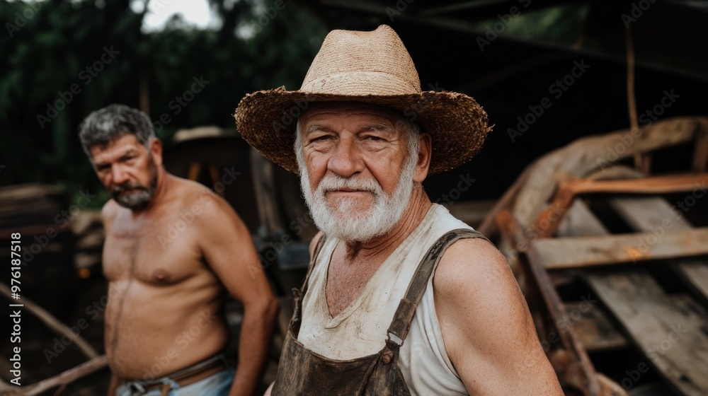 Two senior men, one with a beard and the other shirtless, stand near ...