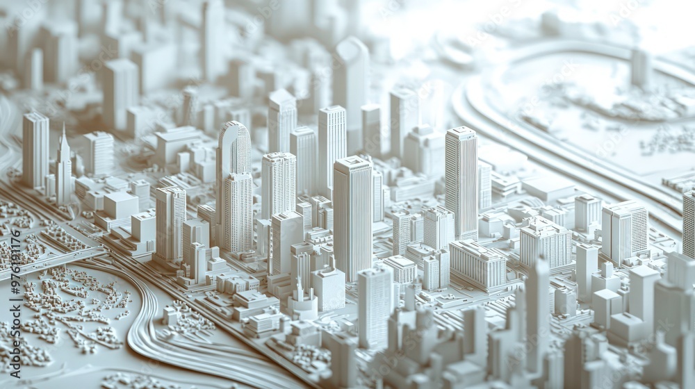 A 3D model of a modern city with detailed skyscrapers, school buildings ...