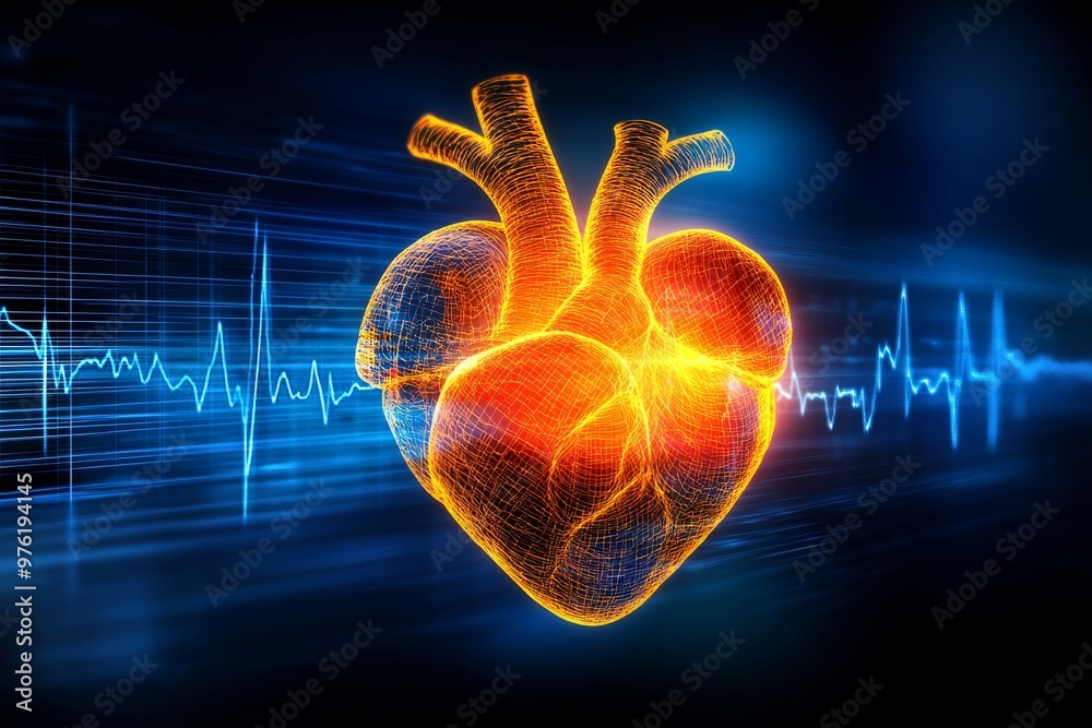 Dark red digital heart with pulse lines and glowing veins symbolizing ...