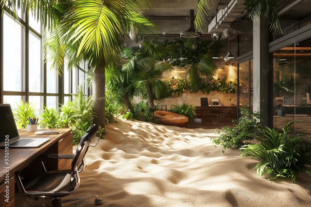 Workspace in office with oasis and urban jungle in the center ...