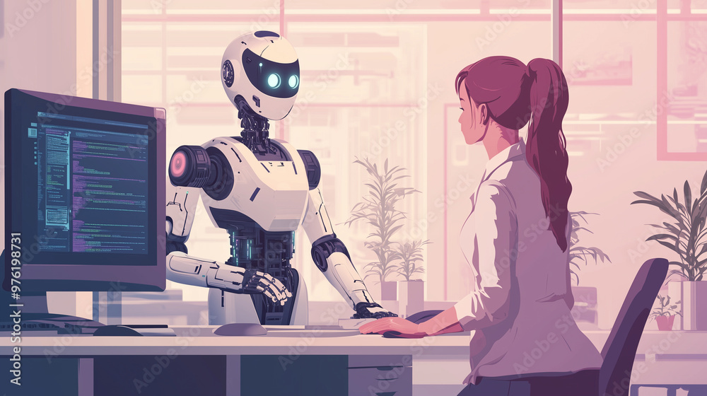 Female programmer receives a demonstration from a white humanoid robot ...