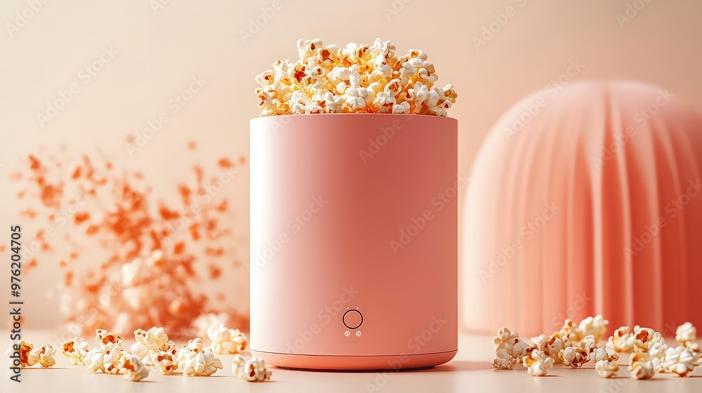 Stylish pink popcorn maker with fresh popcorn spilling out, combining ...