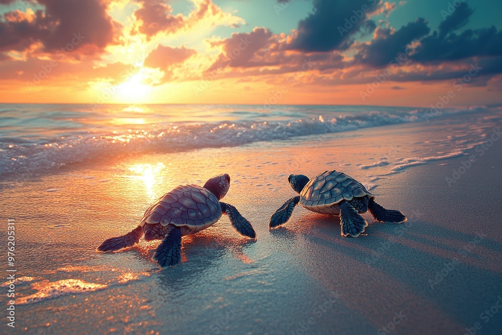 Two baby sea turtles walk on the beach. This image can be used for ...