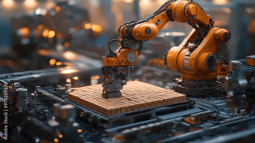 Advanced robotic arm stacking tiles reflects efficiency, automation ...