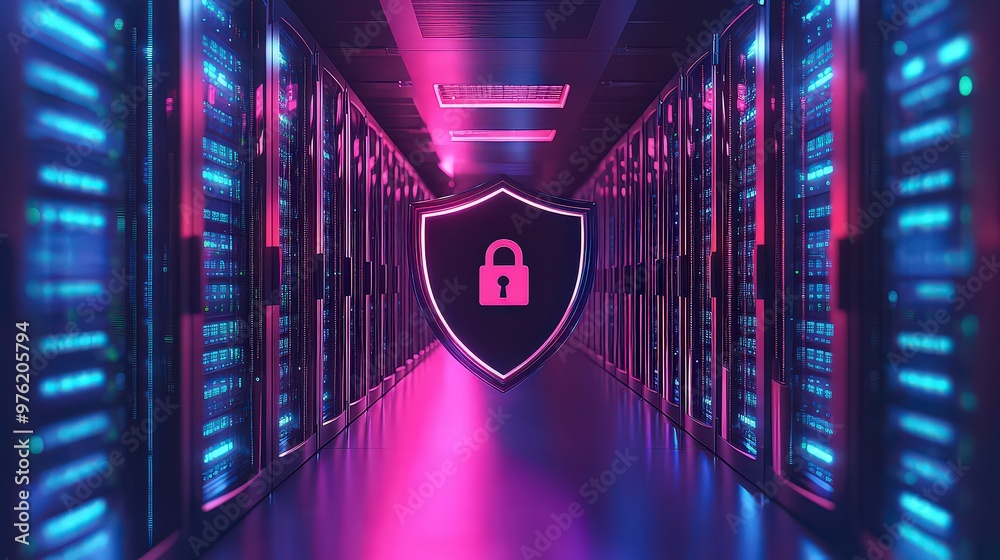 Server room with glowing shield lock symbol represents data security ...