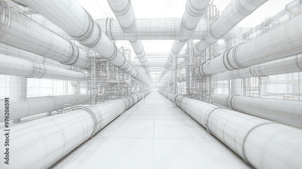 Long corridor of pipelines in wireframe layout showcases industrial ...
