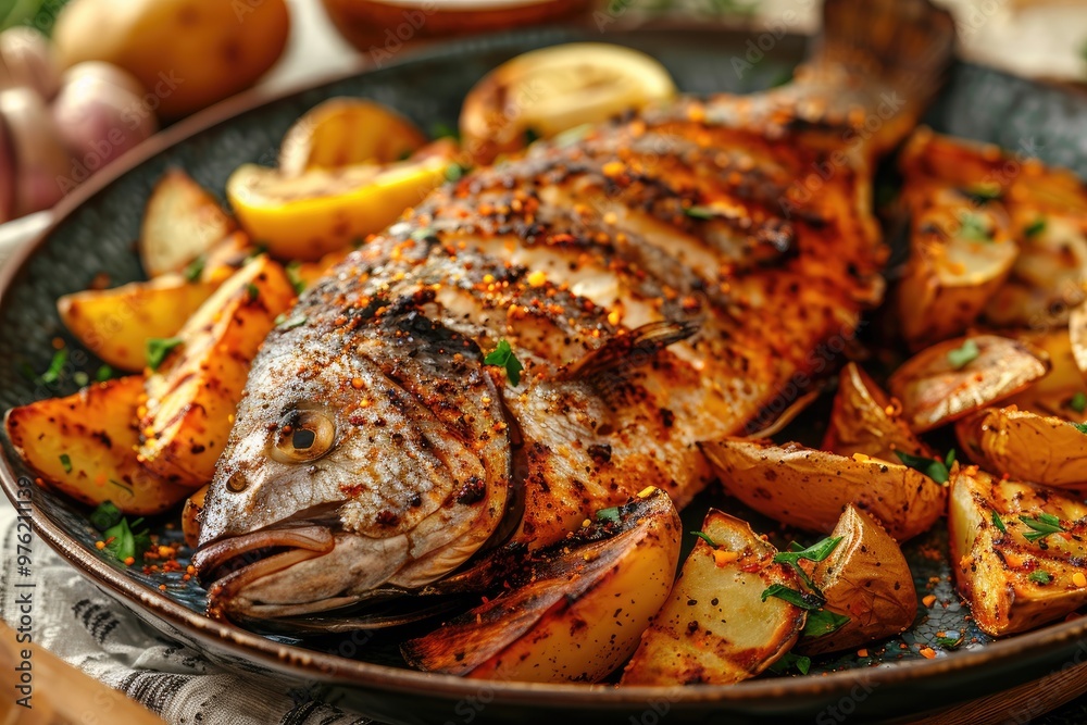 Grilled fish with crispy potatoes. A close-up shot of a whole grilled ...