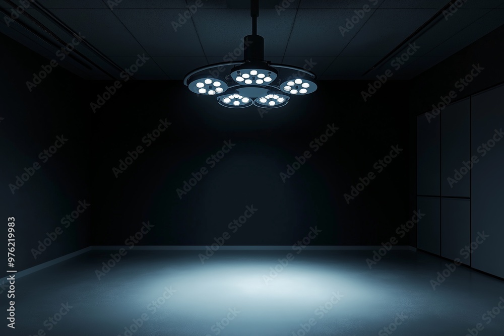 Surgical lights in dark operating room, medical equipment, surgical ...