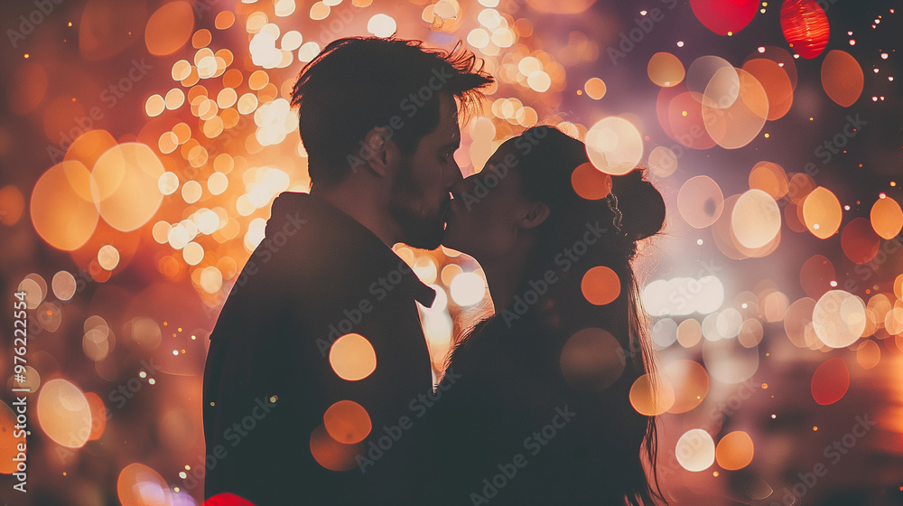 A romantic couple kissing under a sky full of fireworks, surrounded by ...
