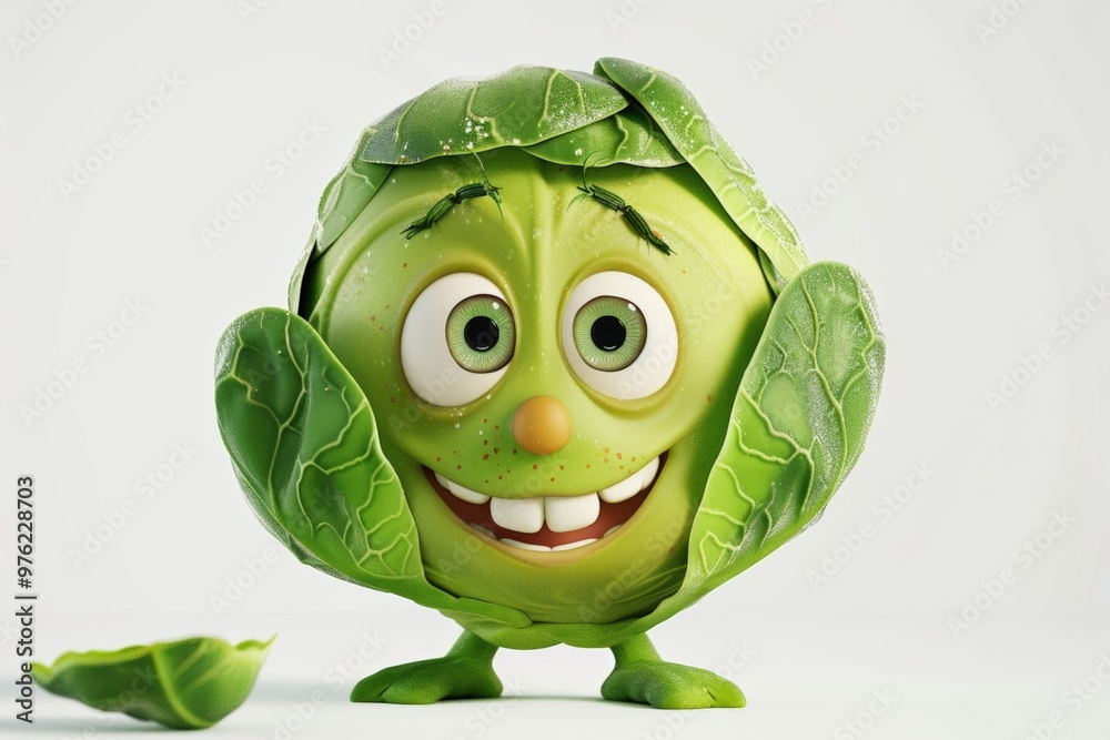 Smiling Brussels sprout character with big eyes and green leafy texture ...