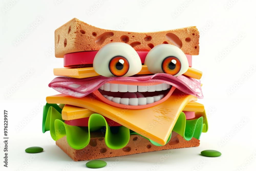 Smiling sandwich character with layers of cheese, lettuce, and ham ...