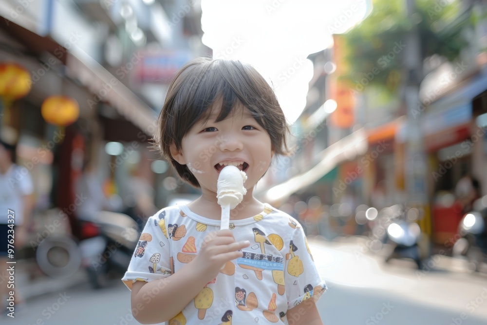 Precious child shows pure joy while enjoying tasty snack. Adorable boy ...