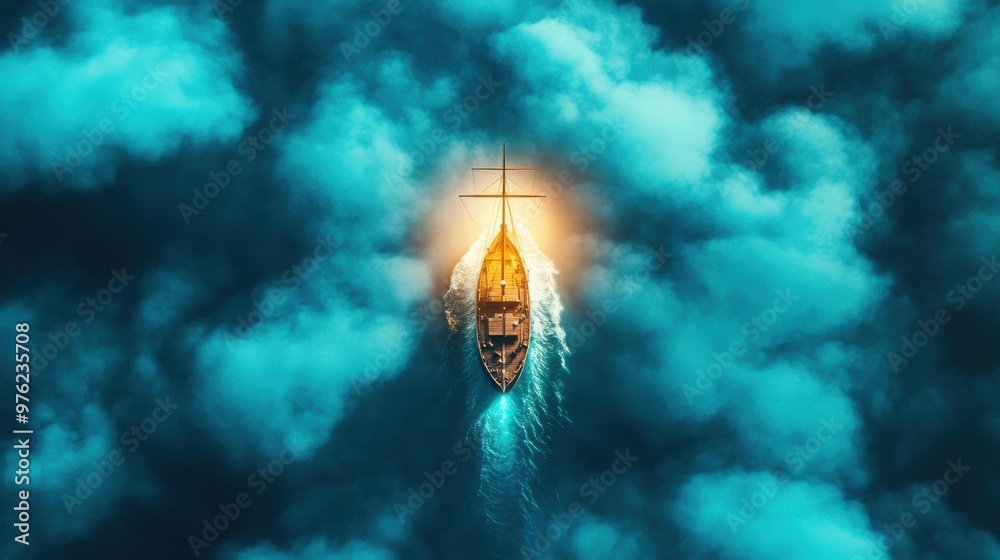 A ship sailing into uncharted waters with a glowing compass guiding the ...