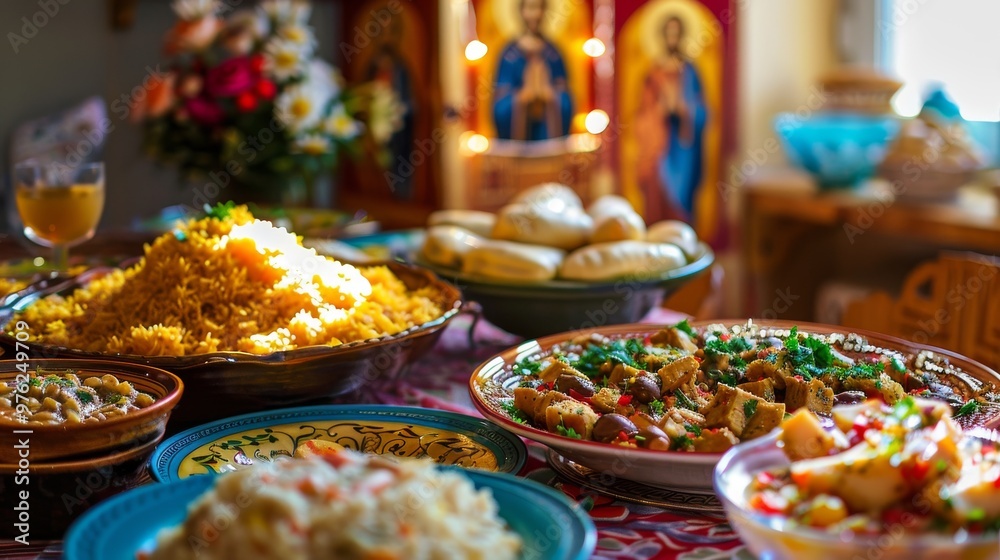traditional Eastern Orthodox priest's table with golden rice, chicken ...