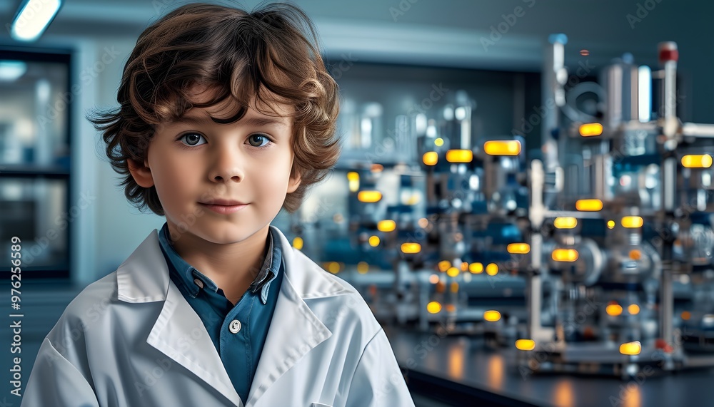 Curious young scientist in a tech lab coat exploring the wonders of ...