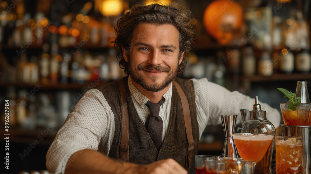Stylish brutal barman in a shirt and apron makes a cocktail at bar ...