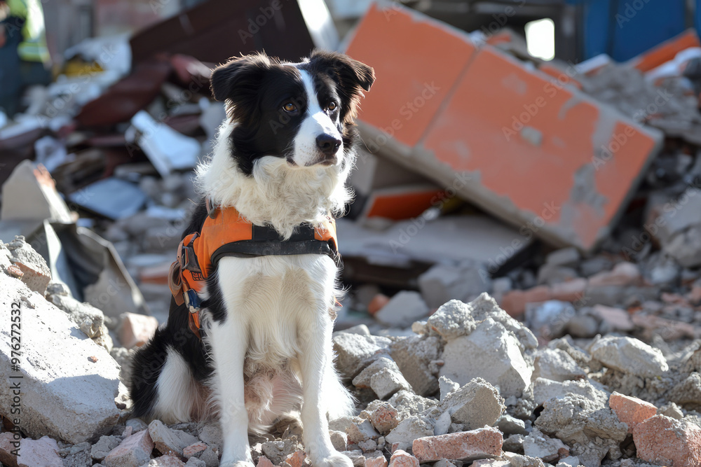 A rescue dog wearing an orange vest sits amidst rubble and debris in a ...
