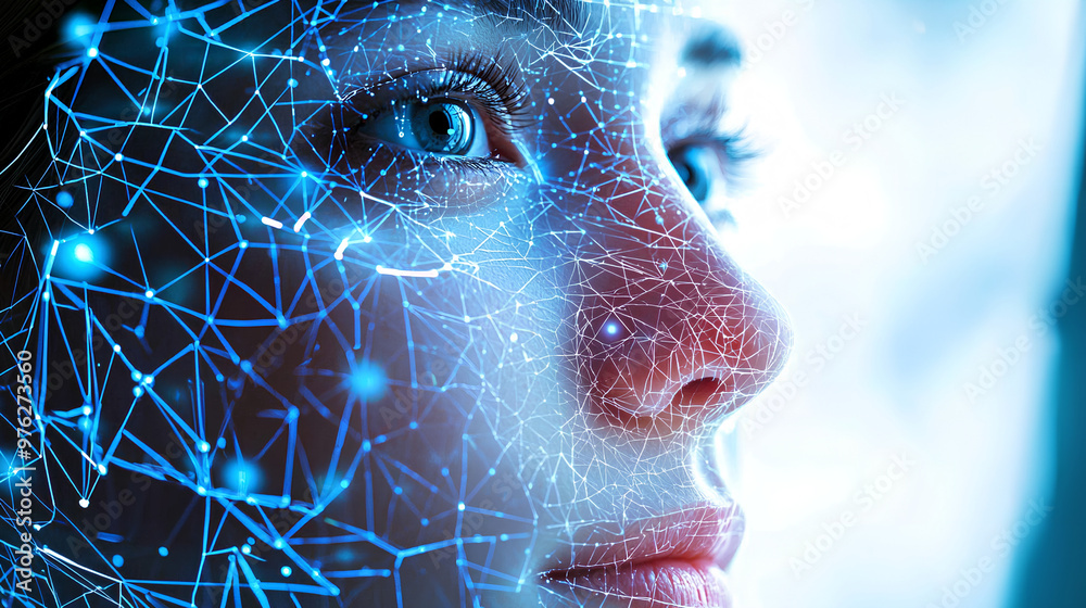 head with code, head of a girl, which is in a grid for 3D visualization ...