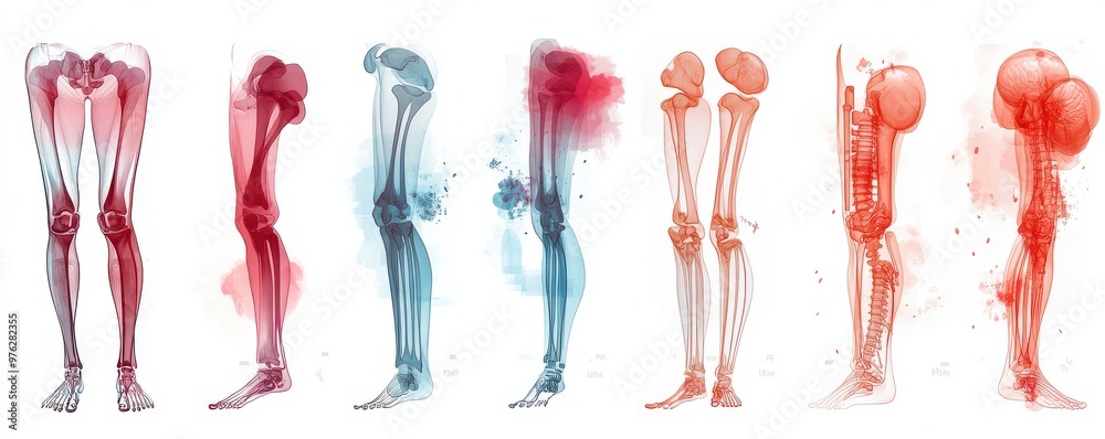 Artistic depiction of human leg skeletal structures in various colors ...